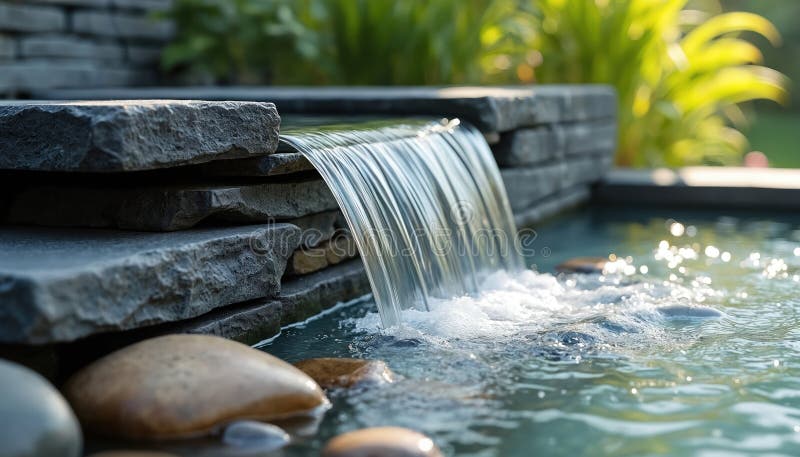 Water Feature with Cascading Waterfall Over Smooth Grey Stone Layers ...