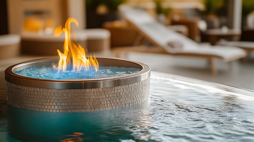 Water Feature with Fire Burning in Modern Spa Setting Stock ...