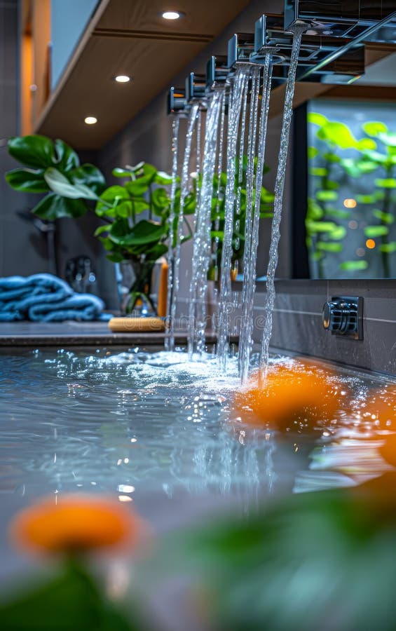 Water Feature in Modern Bathroom. Water Cascading from a Chrome Fixture ...