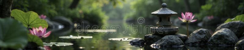 Water Feature with Stone Lantern and Lotus Flowers, Natural, Serenity ...