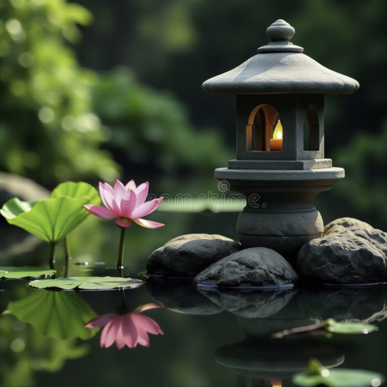Water Feature with Stone Lantern and Lotus Flowers, Lotus, Reflection ...