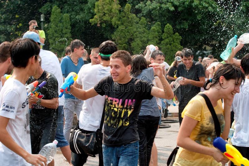 Wet Happy Teenagers at a Water Fight in Herastrau Park Editorial ...