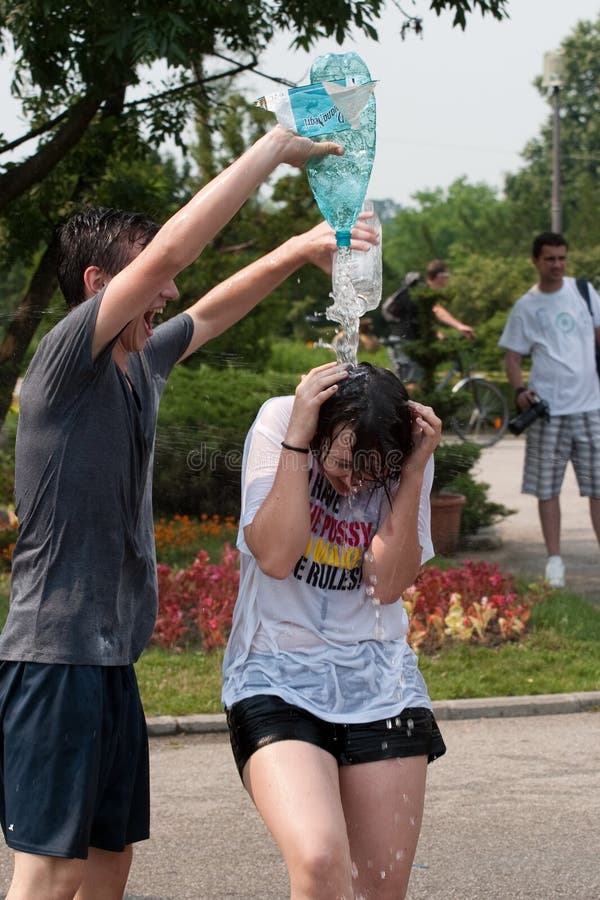 Wet Happy Teenagers at a Water Fight in Herastrau Park Editorial ...