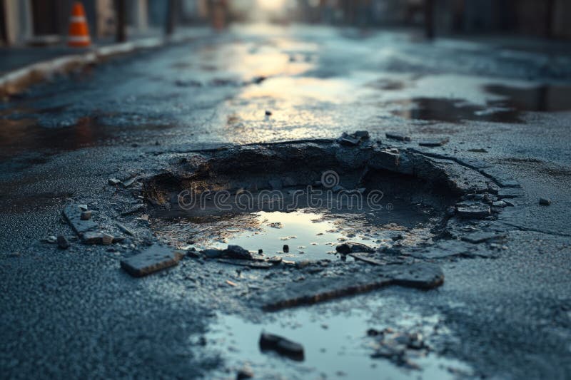 Water-filled Pothole Reflecting Sunlight on Damaged Asphalt Road ...