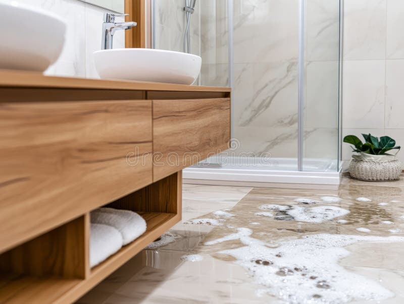 Water Flooding Bathroom Floor from Clogged Sink Drain Stock Photo ...