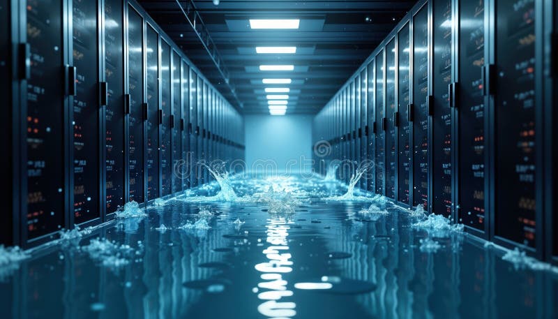 Water Floods Server Room in Datacenter. Disaster Recovery Process ...