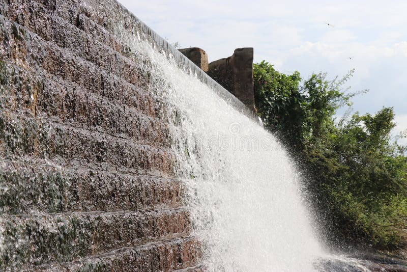 Water Flowing through Bricks from a Overflowing Dams Reservoir Stock ...