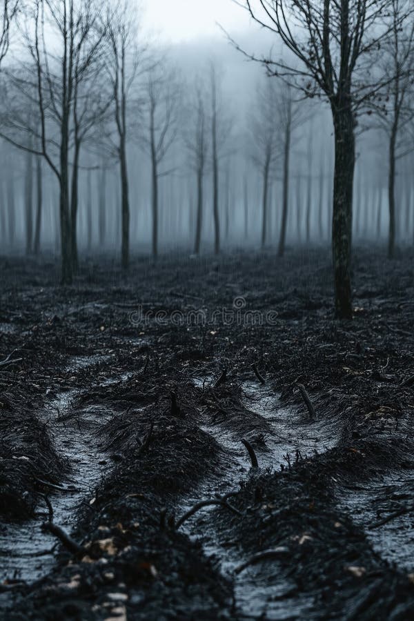 Water Flowing through Burnt Forest after Wildfire Disaster Stock ...