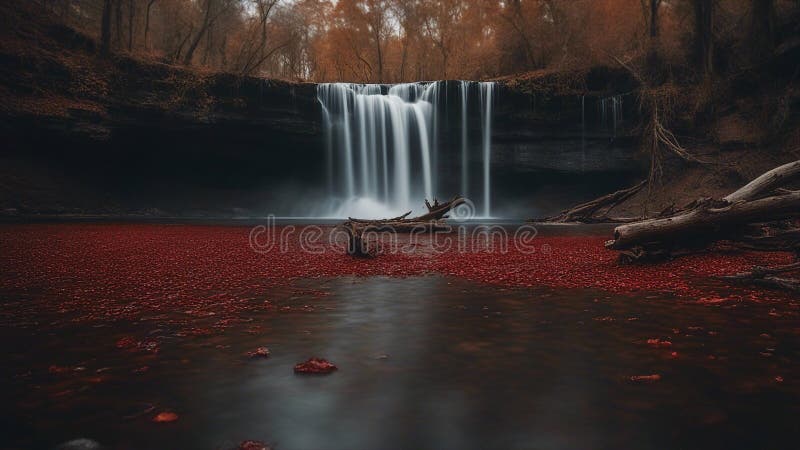 Water Flowing Horror_ a Waterfall into Pool Blood, with a Landscape of ...