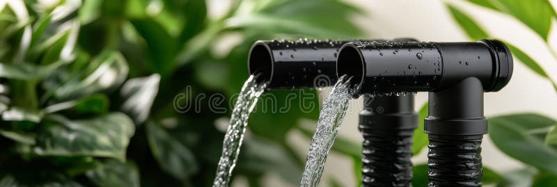 Water Flowing from a Modern Double Water Filter System with a Lush ...