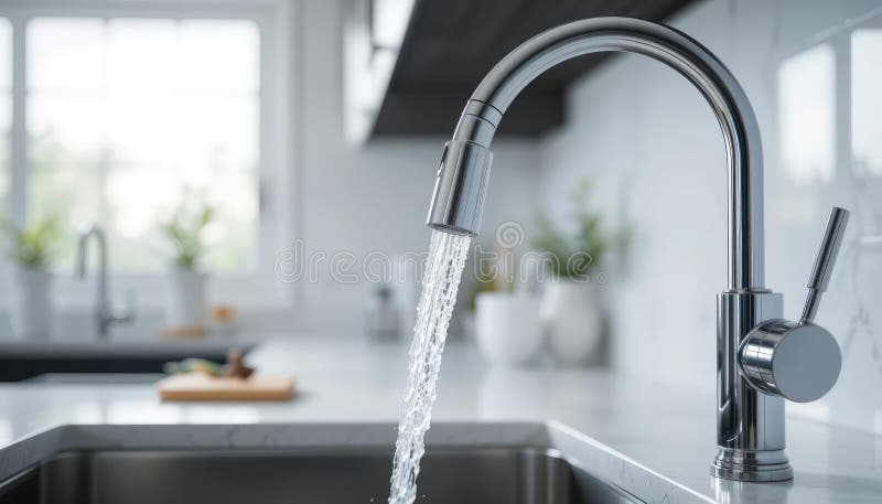 Water Flowing from Modern Kitchen Faucet in Clean Bright Environment ...