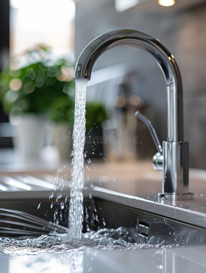 Water Flowing from a Modern Kitchen Faucet into the Sink. Stock Image ...