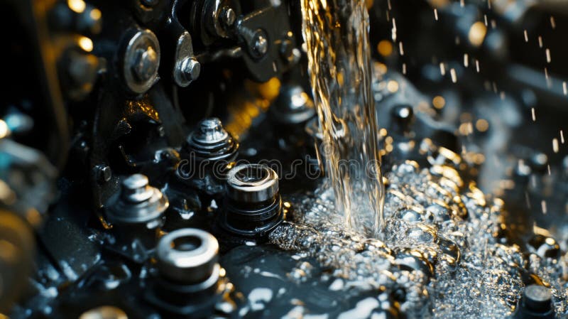 Water Flowing Over Intricate Metallic Engine Components Stock ...