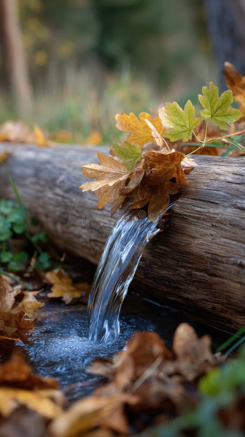 Water Flowing Over a Log Covered with Fall Leaves Creating a Natural ...