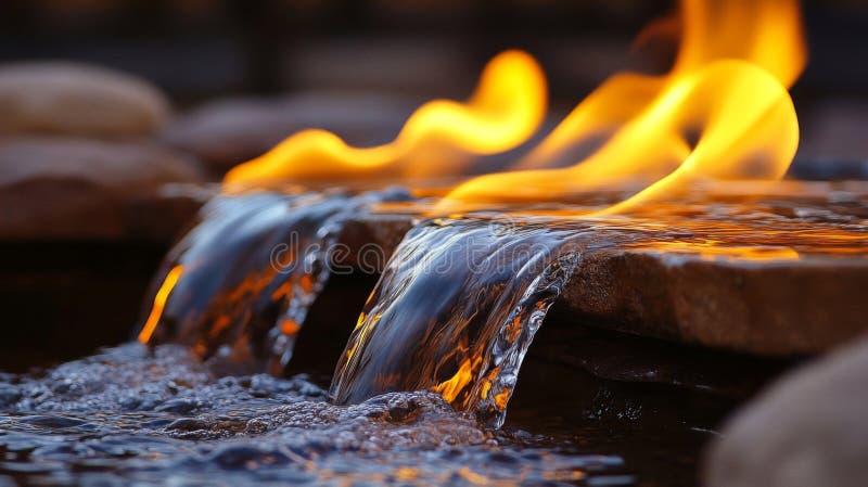 Water Flowing Over Stones with Fire Reflecting in the Water Stock ...
