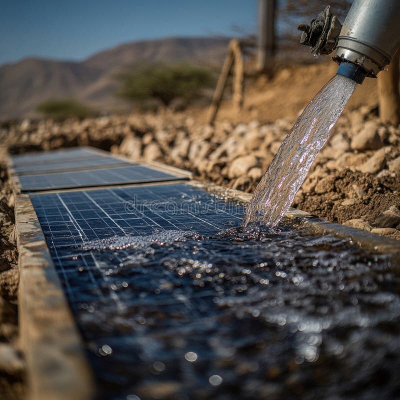 Water Flowing from Pipe Onto Solar Panel in Rural Landscape Stock Photo ...