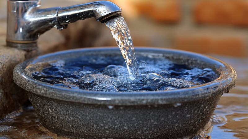 Water Flowing into Stone Basin from Metal Faucet Stock Illustration ...
