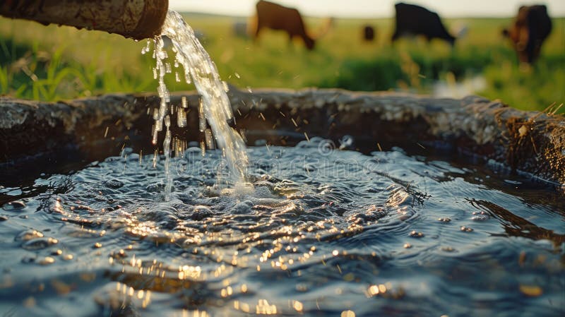 Water Flowing into a Trough with Cows in the Background. Stock Photo ...