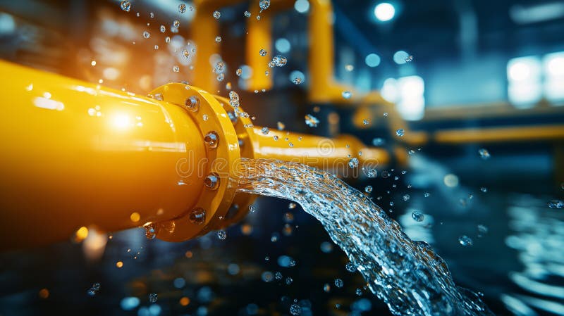 Water Flowing from Yellow Industrial Pipe, Creating Splashes and ...