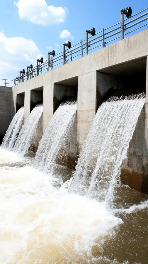 Water Flows through a Dam, Showcasing Engineering and Environmental ...