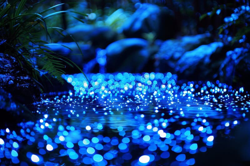 Water Flows through the Dark Forest, Illuminated by Electric Blue ...