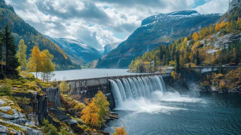 Water Flows Down from a Large Dam. Stock Image - Image of lake, forest ...