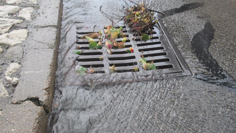 Water Flows Down through the Manhole Cover. Rain Flows into a Sewer ...