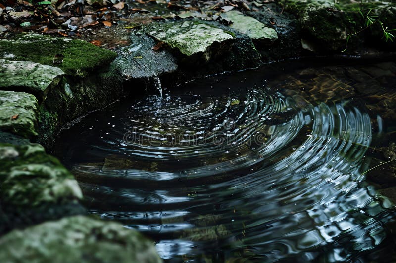 Water Flows Down Moss Covered Rocks Creating Ripples in a Pond Stock ...