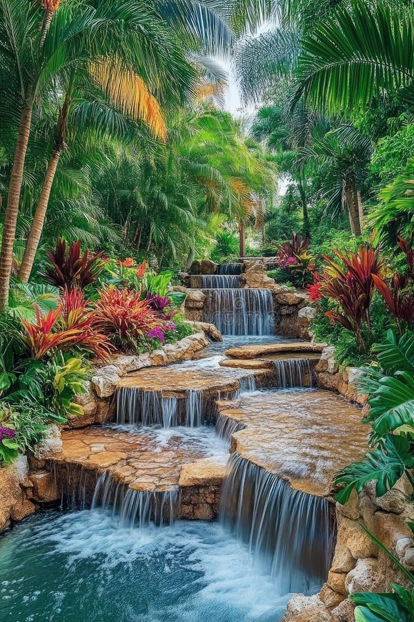 Water Flows Down a Series of Small Waterfalls in a Tropical Garden ...