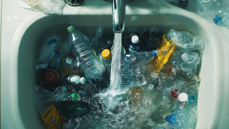Cluttered Sink Filled with Plastic Bottles during Water Flow in Urban ...