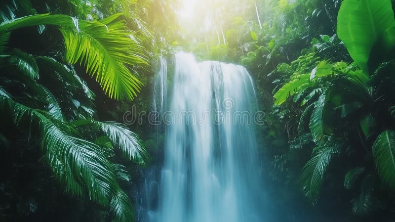 Water Flows Gently Down a Waterfall into a Calm Pool, Framed by Vibrant ...
