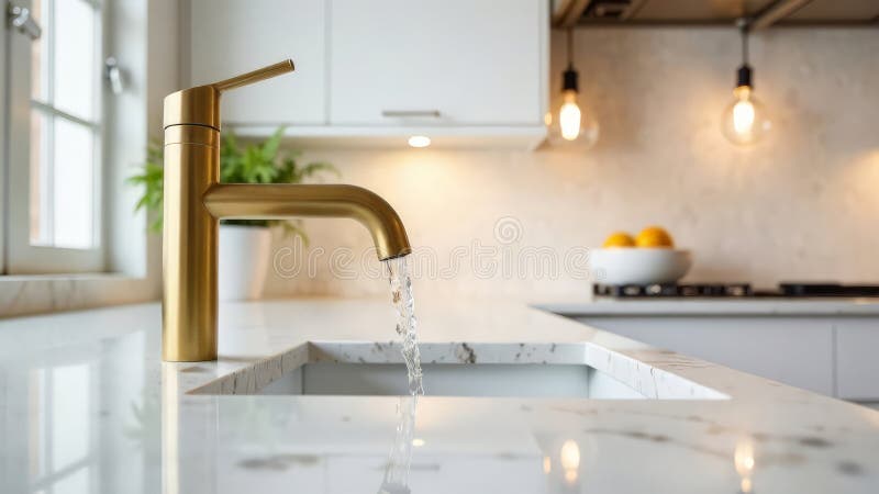 Water Flows from a Golden Faucet Against the Backdrop of a Modern White ...