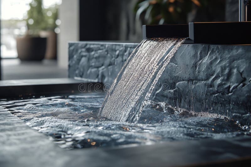 Water Flows Gracefully from a Unique Black Basin in a Serene Indoor ...