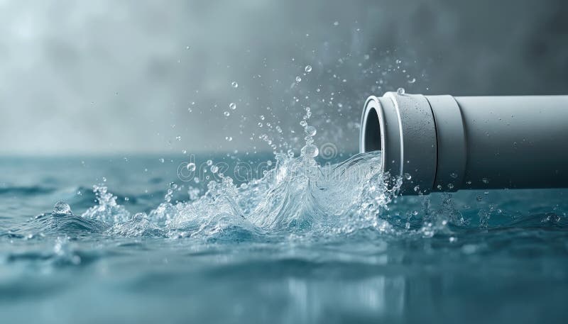 Water Flows from Grey Plastic Pipe Creating Splash. Clear Liquid Stream ...