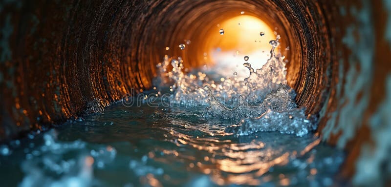 Water Flows Inside Rusty Pipe. Water Splashes, Creates Ripples. Pipe ...