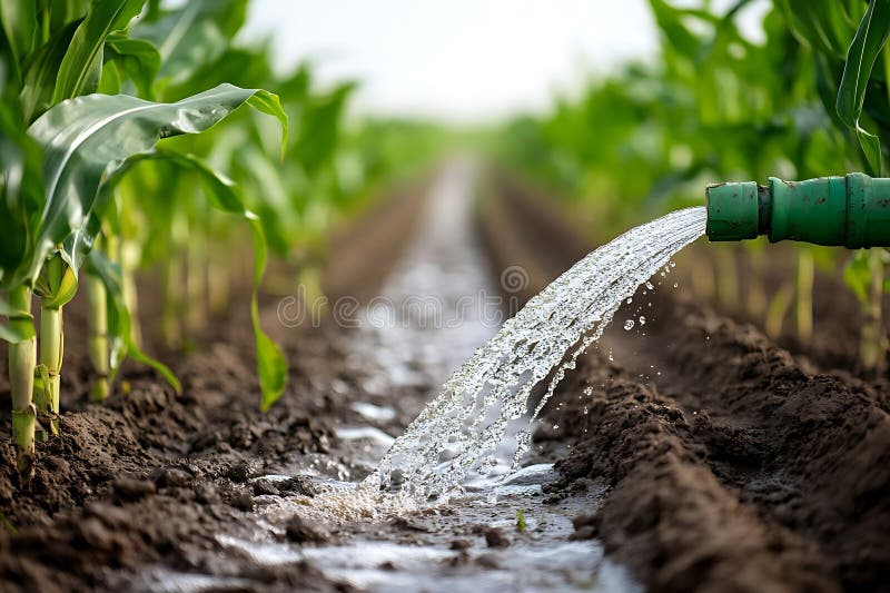 Irrigation System in Use: Water Flowing from Pipe To Cornfield Soil for ...