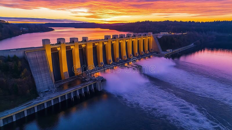 Hydroelectric Dam Releasing Water at Sunset Creating a Stunning Scene ...