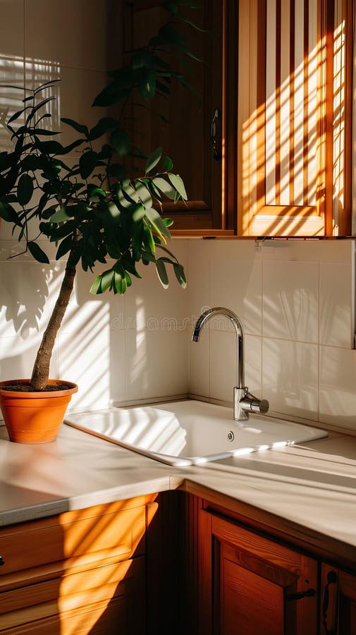 Water Flows from a Sleek Faucet into a Stylish Kitchen Sink, with ...
