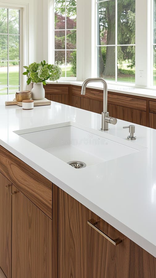 Water Flows from a Sleek Faucet into a Stylish Kitchen Sink, with ...