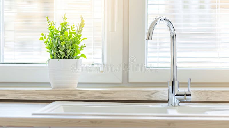 Water Flows from a Sleek Faucet into a Stylish Kitchen Sink, with ...