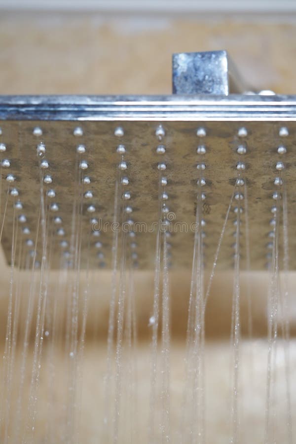 Water Droplets Cascade from a Modern Showerhead in a Bathroom Stock ...