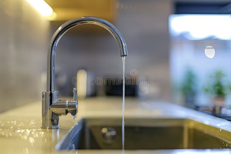 Water Flows Smoothly from a Modern, Chrome-finished Kitchen Faucet ...