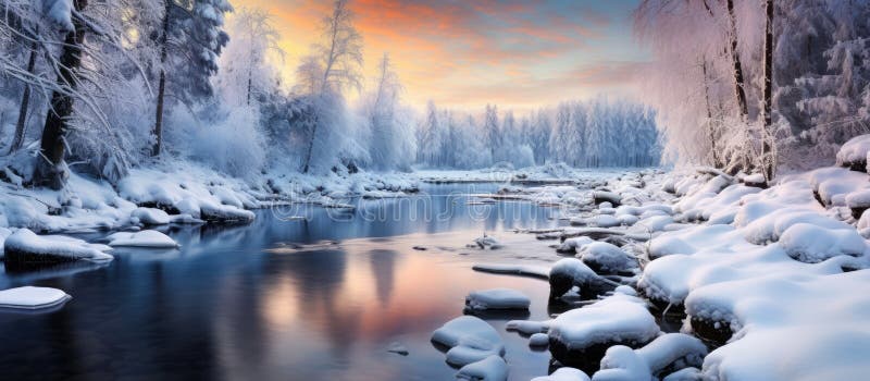 Water Flows through a Snowy Forest with Trees, Rocks, and a Serene ...
