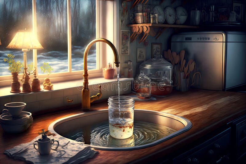 Water Flows from Tap in Beaful Cozy Kitchen Stock Illustration ...