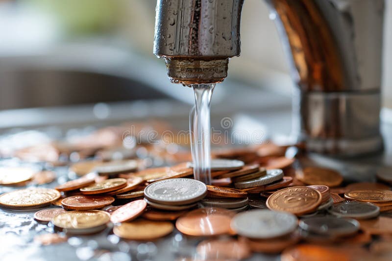 Water Flows from the Tap, Coins Lie Below. Stock Photo - Image of ...