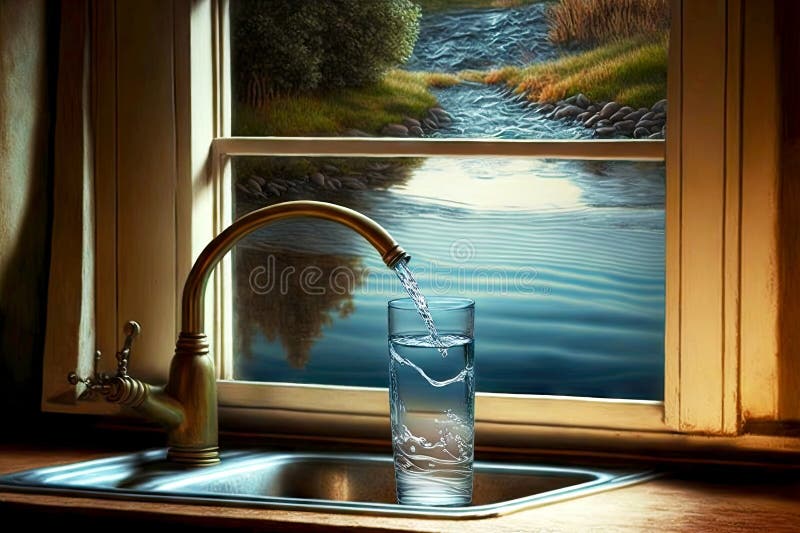 Water Flows from Tap into Empty Sink Above Which Hangs Picture with Gl ...