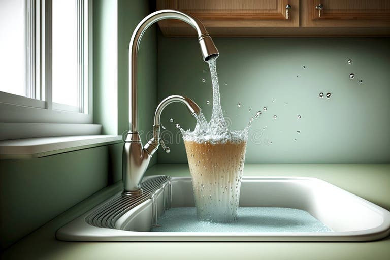 Water Flows from Tap and Forms Large High Splash in Kitchen Sink Stock ...