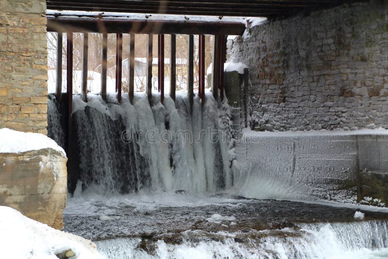 Water Flows in the Winter Under the Bridge, Dam Stock Photo - Image of ...