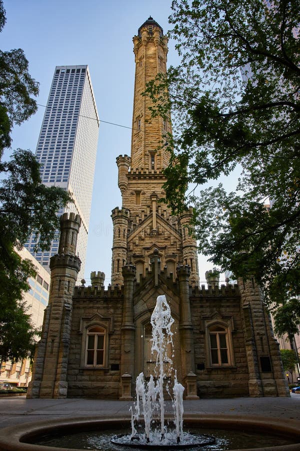 Water Fountain and Trees in Front of Old Chicago Water Tower with ...