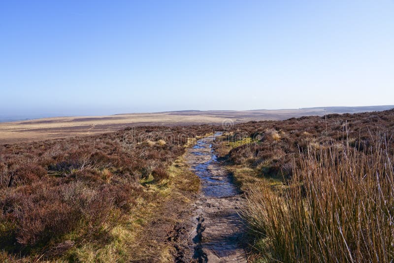 Waterlogged Path Across Gently Sloping Derbyshire Moorland Stock Image ...